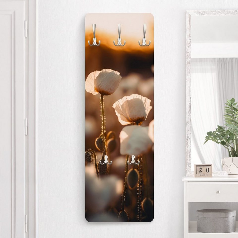 Bilderdepot24 Garderobenpaneel Beige Blumen Floral Weiße Mohnblüten Im