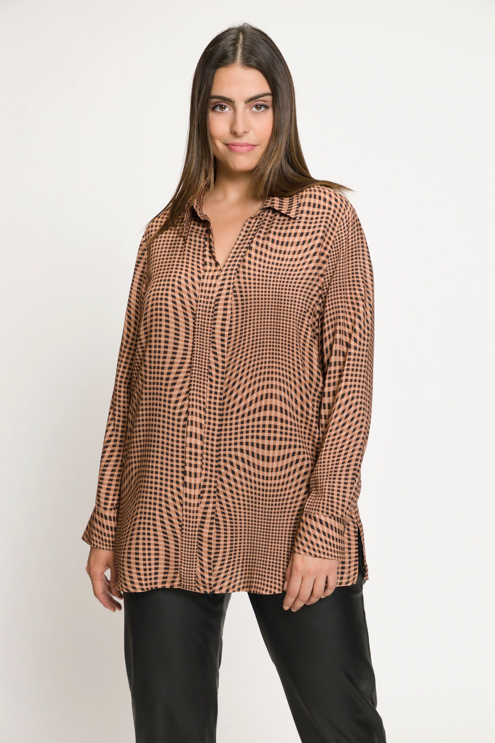 Ulla Popken Longbluse Bluse Karomuster Hemdkragen Ziernaht Langarm