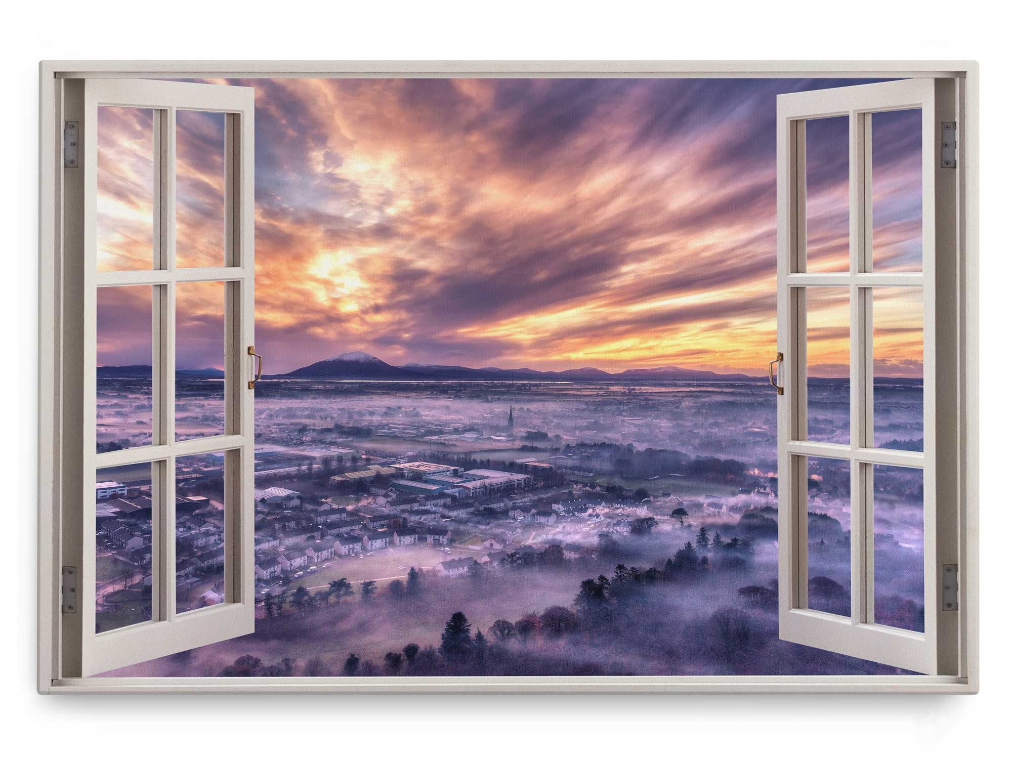 Sinus Art Leinwandbild Wandbild 120x80cm Fensterbild Horizont Berge Stadt Sonnenuntergang Abe ...