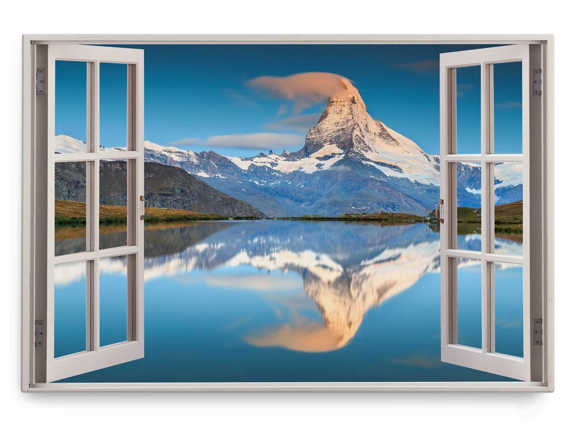 Sinus Art Leinwandbild Wandbild 120x80cm Fensterbild Alpen Alpensee Matterhorn Schneegipfel G ...