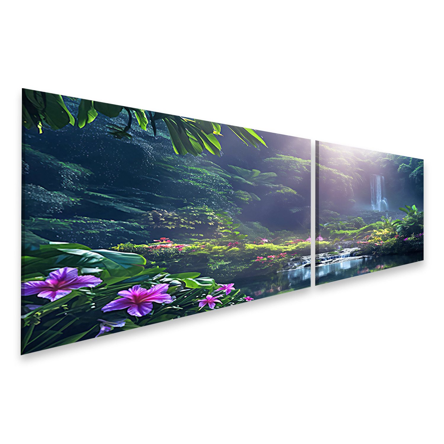 islandburner Leinwandbild, Mystischer Wasserfall im tropischen Dschungel, Format: 160x40cm - 2 ...