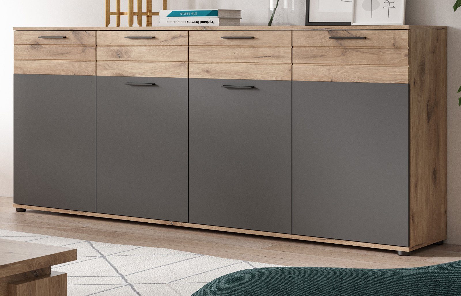 Sideboard Mason Kommode In Eiche Und Grau 3 Türig Mit 2 Schubladen