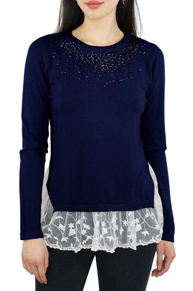 dy_mode Rundhalspullover Damen Pullover mit Spitze Oberteil Feinstrick ...
