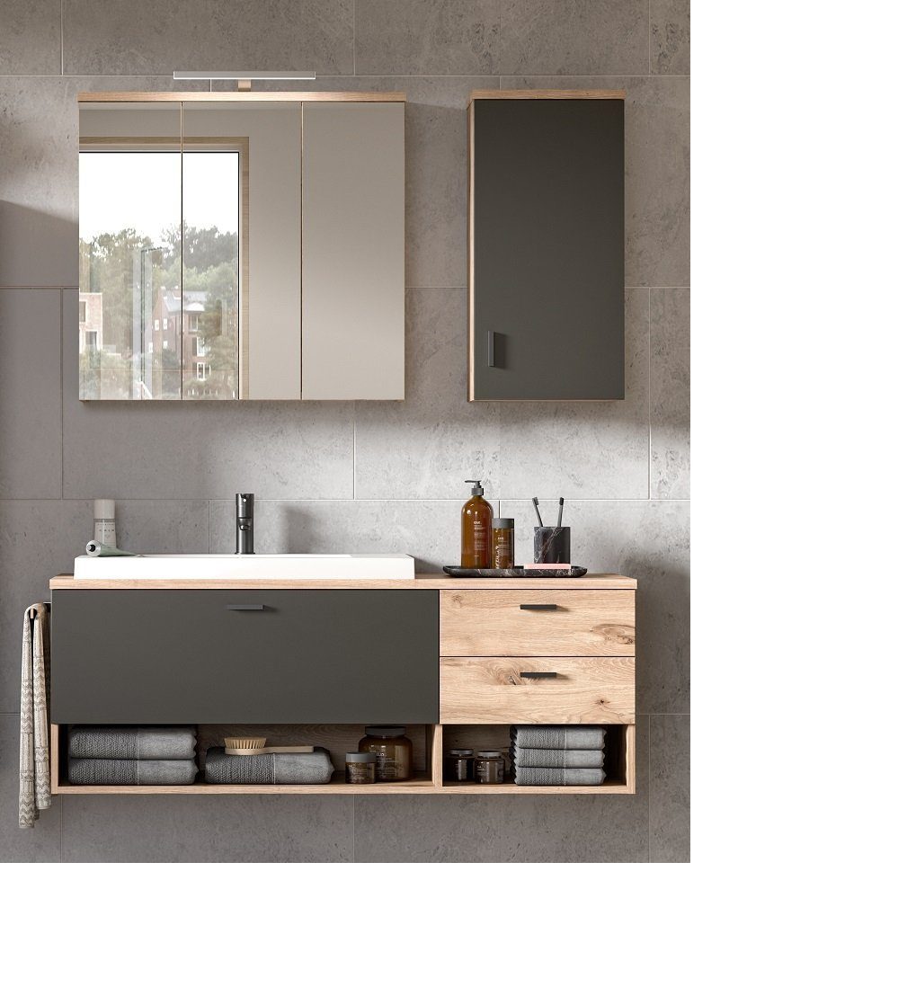Xonoxhome Badmöbel Set Badezimmer Set Grado Nox Oak Grau 3 Teilig