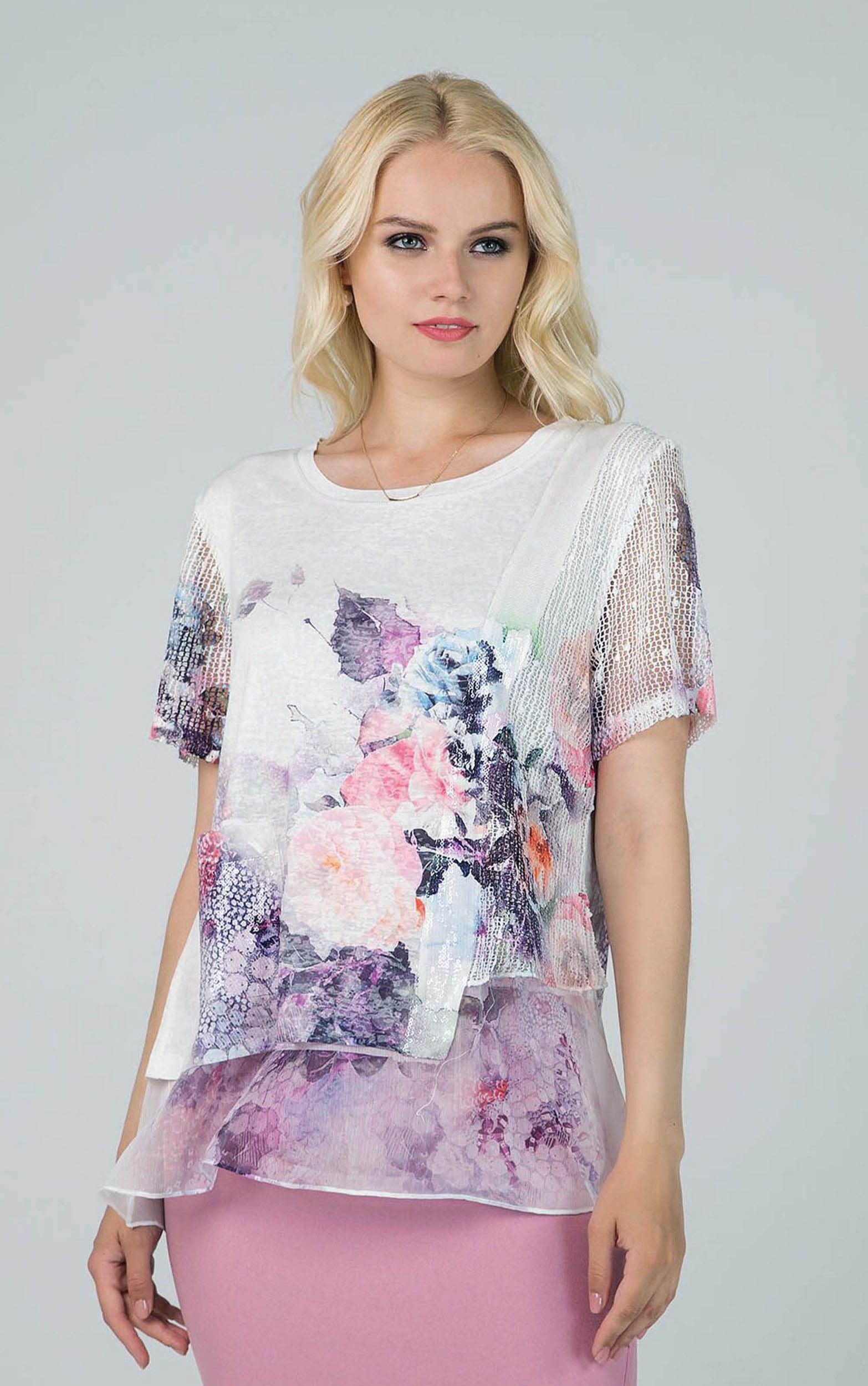 Passioni Tunika In Weiß Mit Buntem Floralem Print Und Perforierten Details