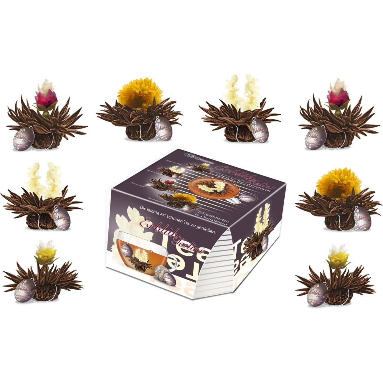 Creano Tee Teeblumen im Tassenformat - 8x, 4 verschiedenen Sorten ...