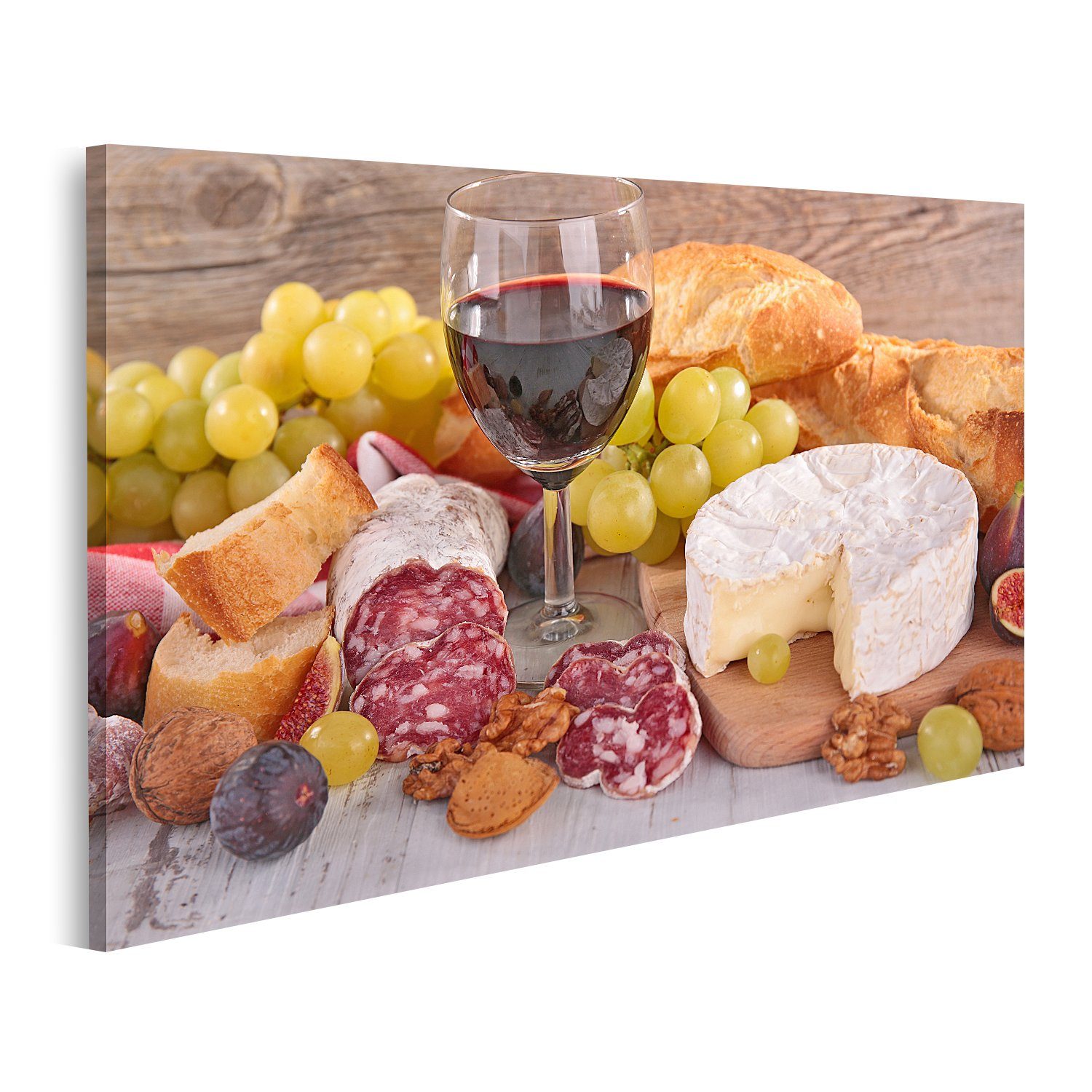 islandburner Leinwandbild »Bild auf Leinwand Wein Käse Wurst Und Brot Wandbild Leinwandbild Wand ...
