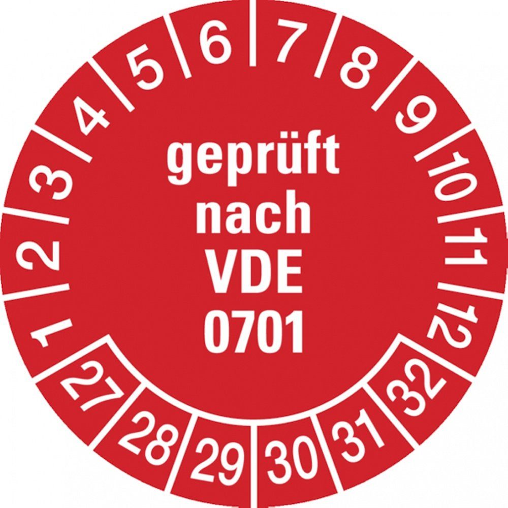 Dreifke Hinweisschild Dreifke® Prüfplakette geprüft nach VDE 0701 ab 27 rot/weiß - 30 mm Fol