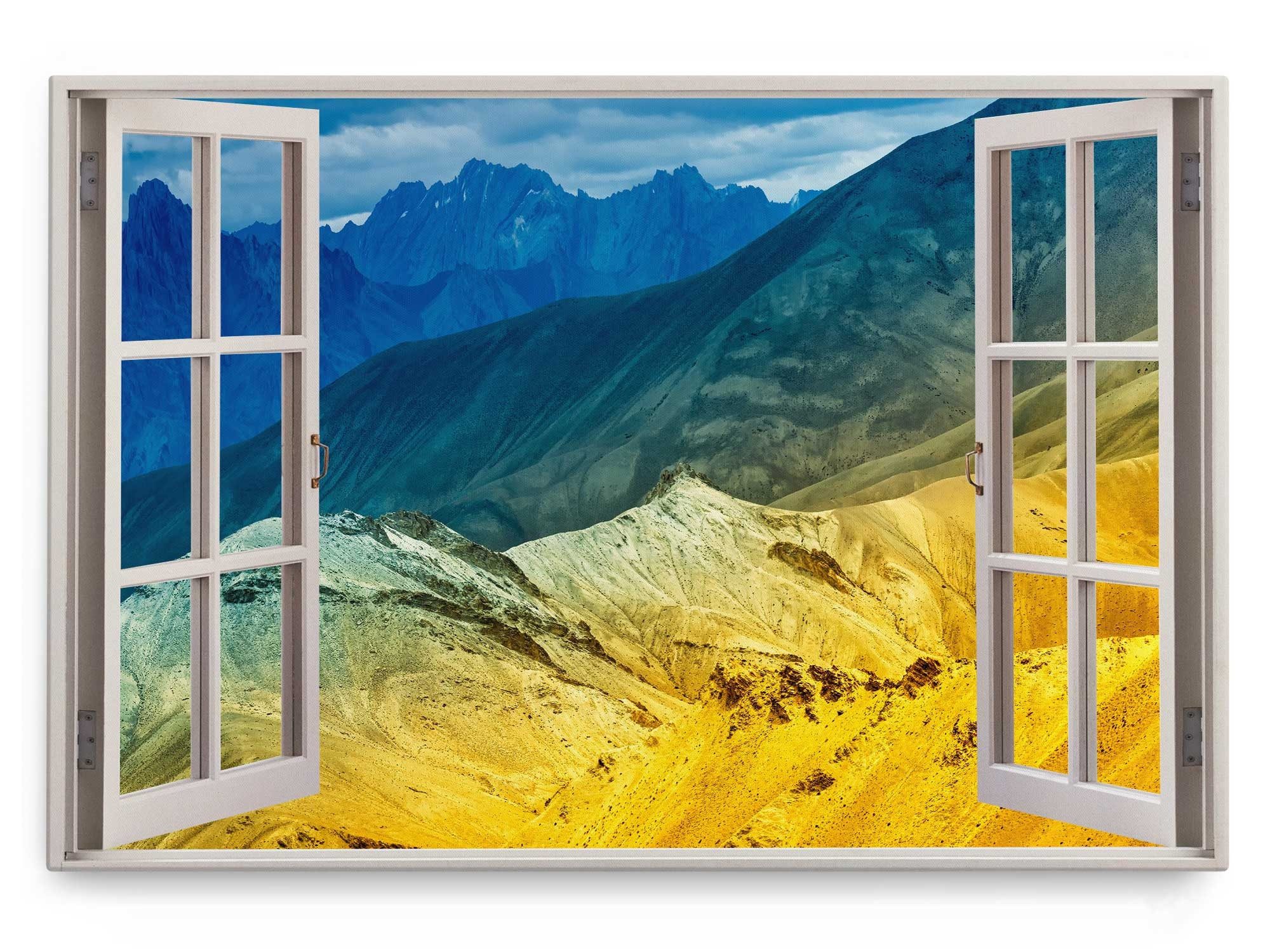 Sinus Art Leinwandbild Wandbild 120x80cm Fensterbild Berge Blau Orange Sonnenlicht Gebirge Na ...