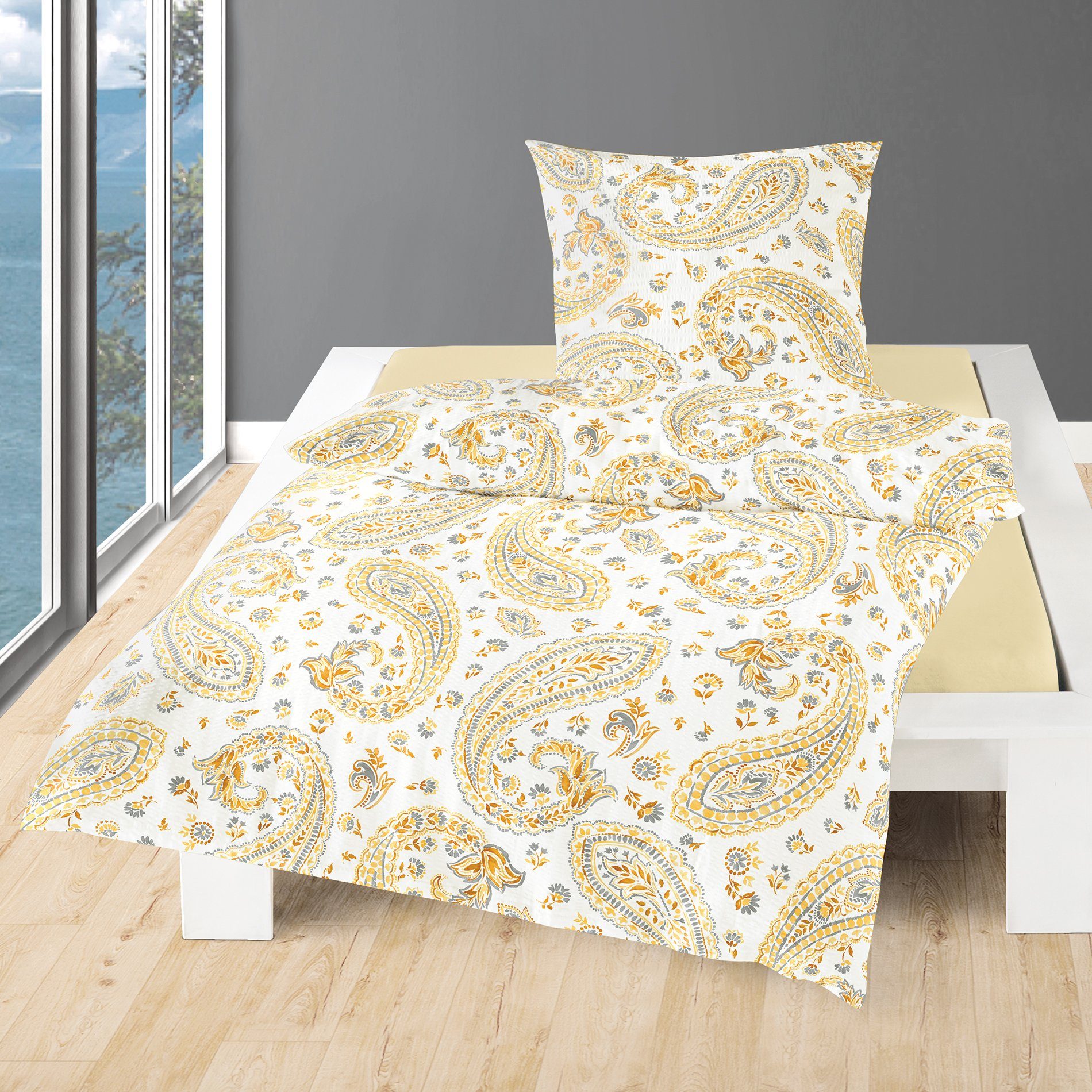 Traumschloss Bettwäsche Seersucker, Seersucker, 2 teilig, bügelfrei, Seersucker, gelbe Ornamente ...