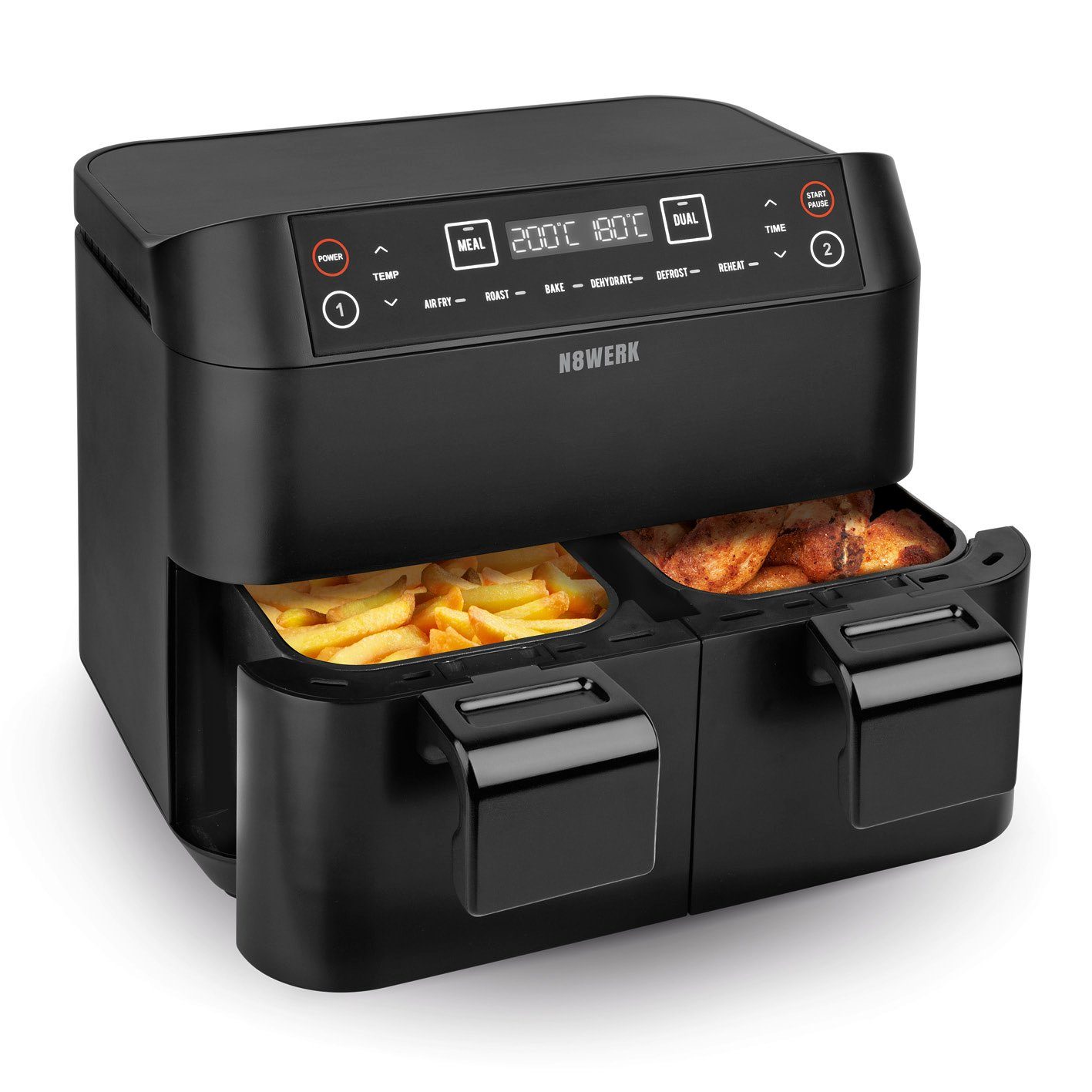 N8werk Heißluftfritteuse Doppelkorb 2x 38l Schwarz Fritteuse Ohne