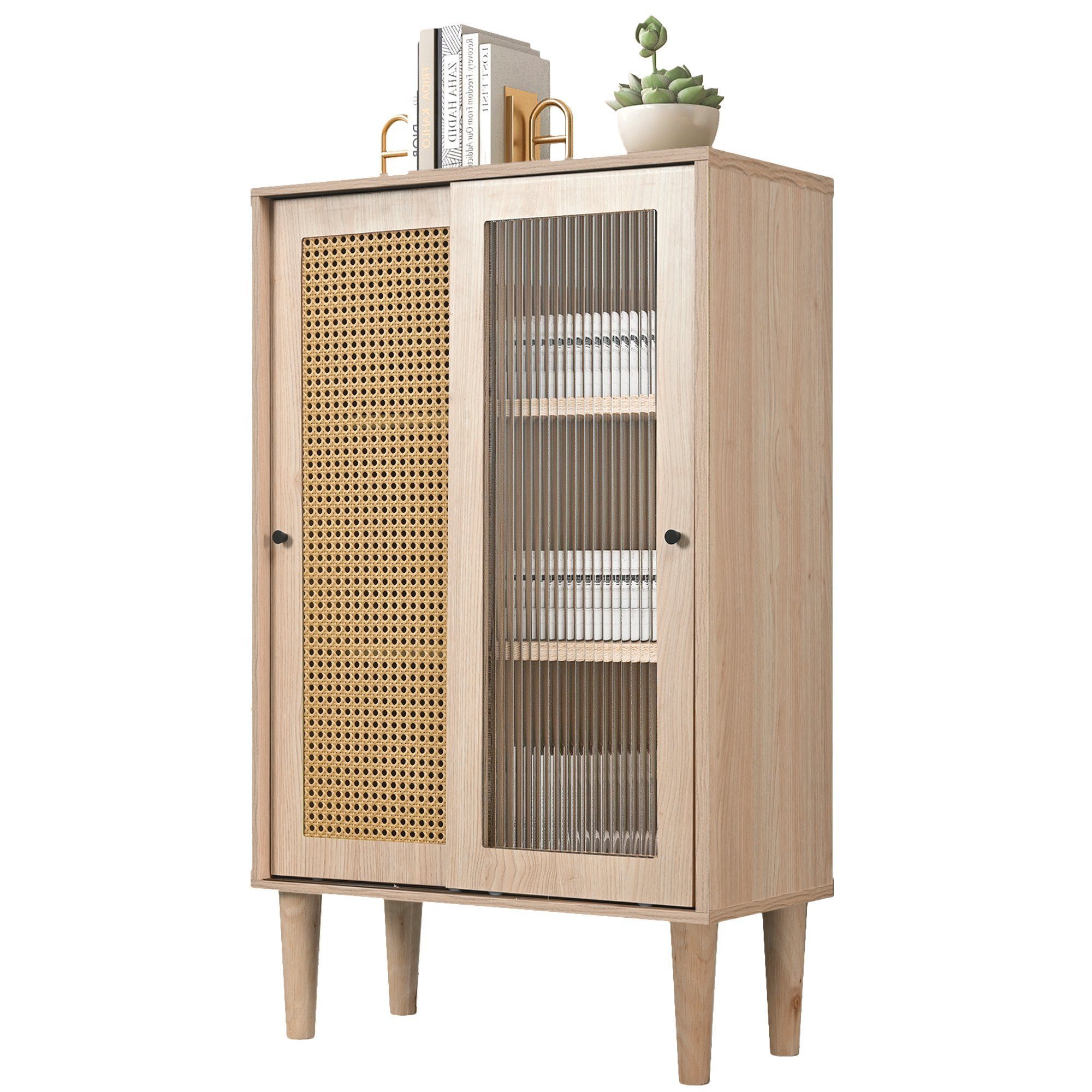 Sweiko Highboard (Sideboard mit Rattan und Glasschiebetüren), 6 Fächer