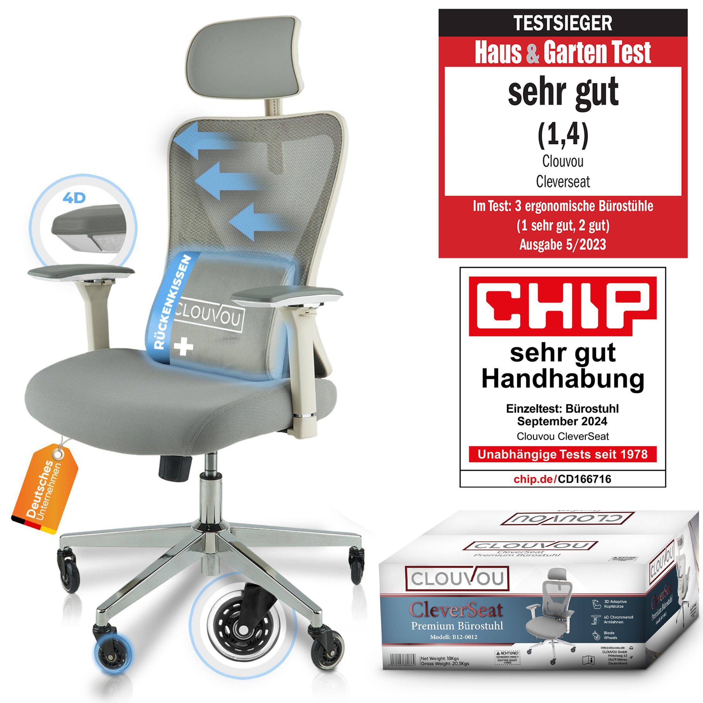 CLOUVOU Bürostuhl ergonomisch, CleverSeat Schreibtischstuhl bis 150 kg ...
