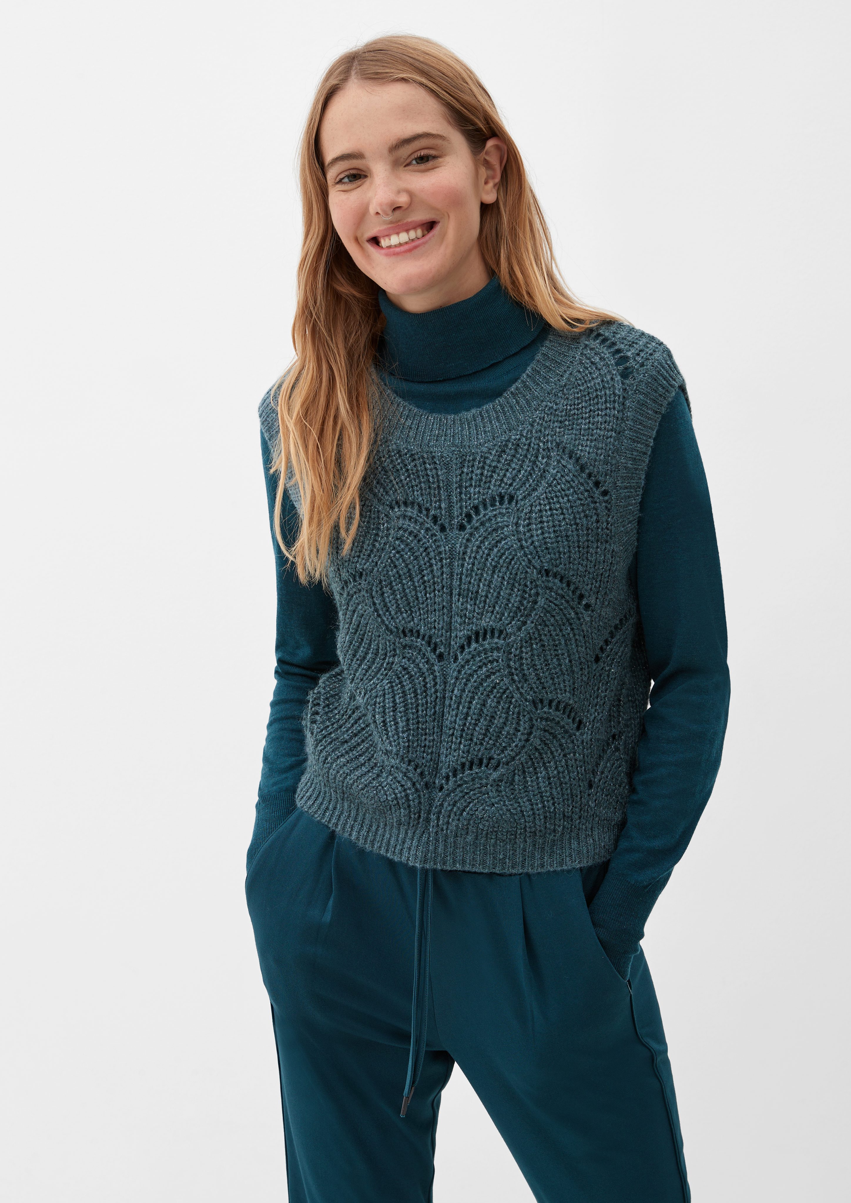 QS Strickpullover Strickpullunder mit Ajourmuster Glitzergarn