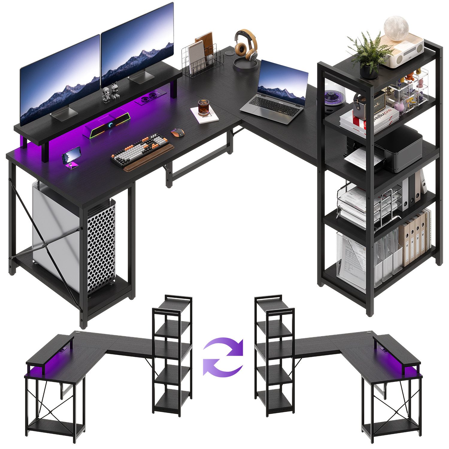 HOMALL Computertisch Eckschreibtisch Reversibel L Förmiger Schreibtisch mit Regal (110/140/160cm ...