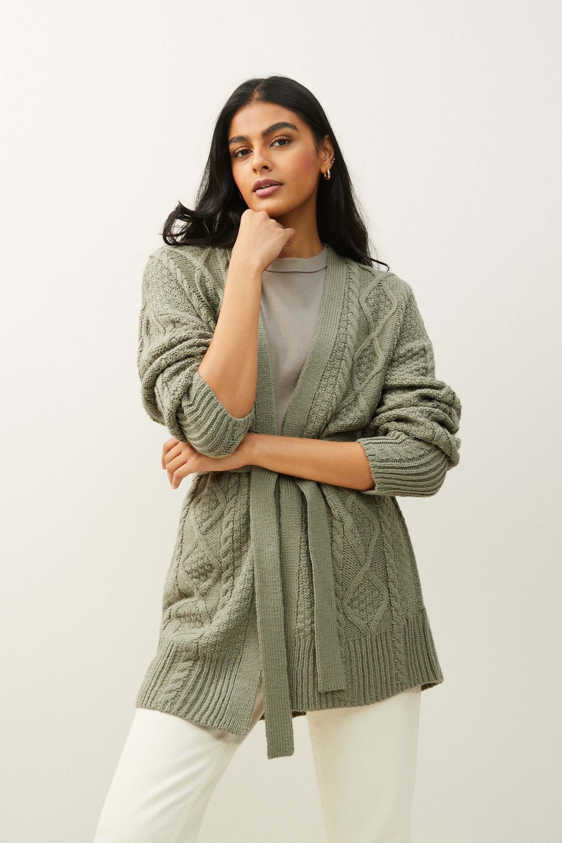 Next Strickjacke Cardigan Mit Zopfstrickmuster Und Gürtel 1 Tlg