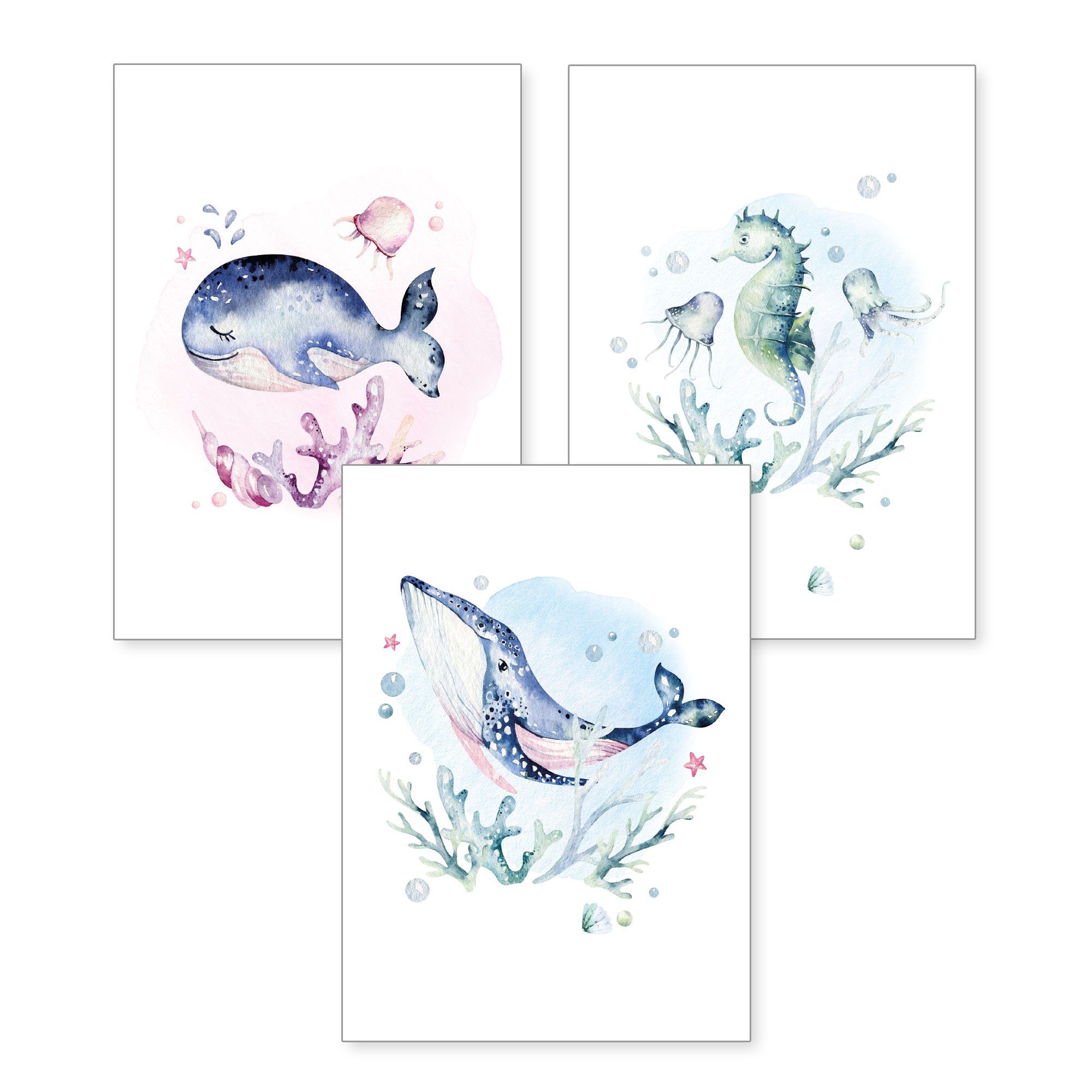Kreative Feder Poster Premium Set 3 Teilig „meerestiere Optional Mit