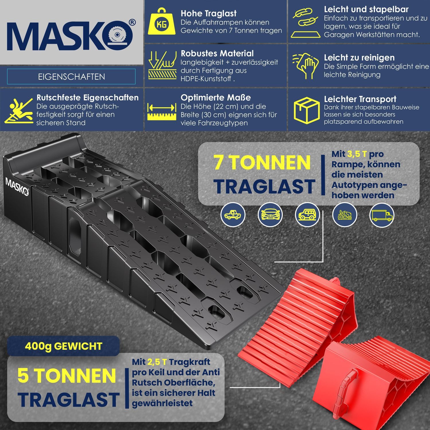 MASKO Auffahrrampe, 2er Set Auffahrkeile bis 7 t Traglast KFZ-Rampe mit ...