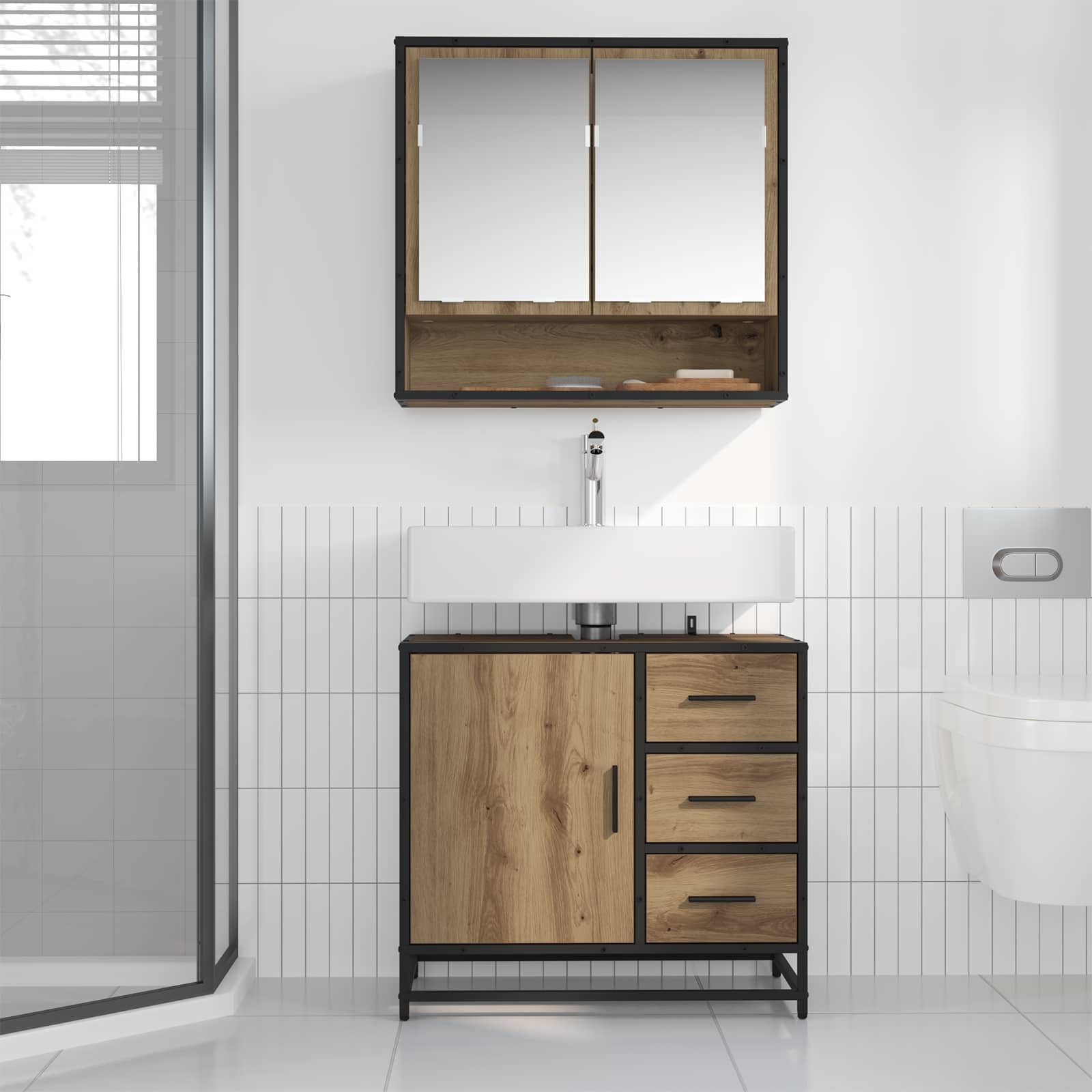 vidaXL Badezimmer-Set Badezimmerschrank Artisan-Eiche 65 x 33 x 60 cm ...