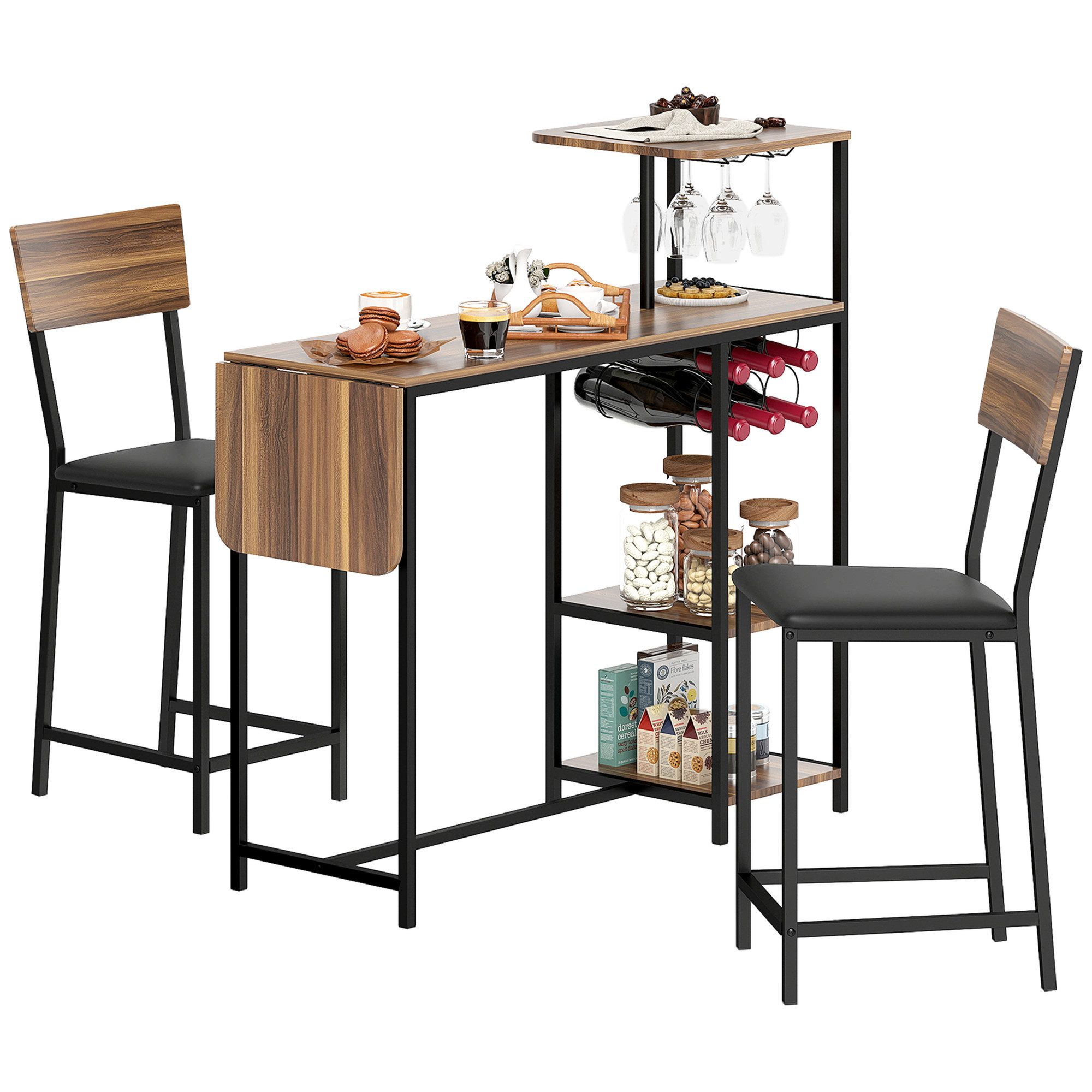 HOMCOM Bargruppe mit klappbar Küchentisch, Weinglashalter, Ablage, 2 Barstühlen, (Bartisch mit ...