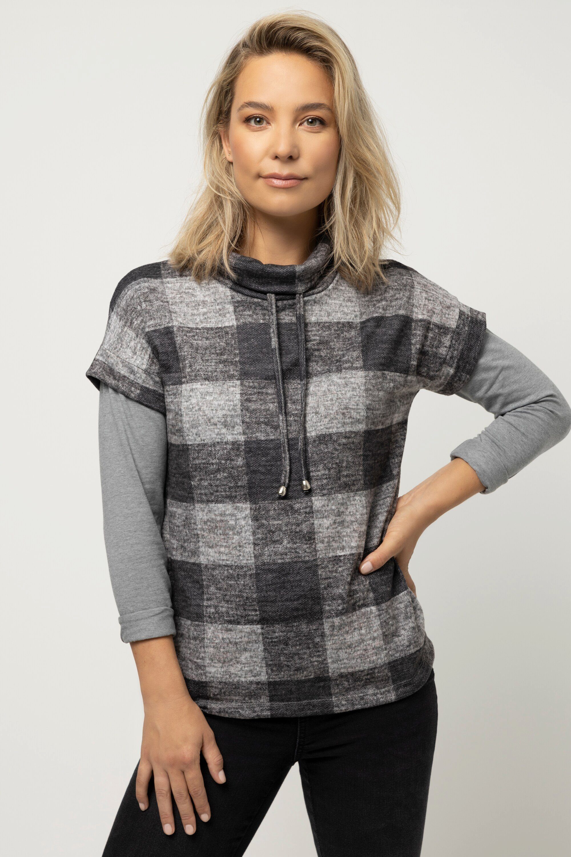 Gina Laura Sweatshirt Pullunder Karo Oversized Stehkragen Halbarm