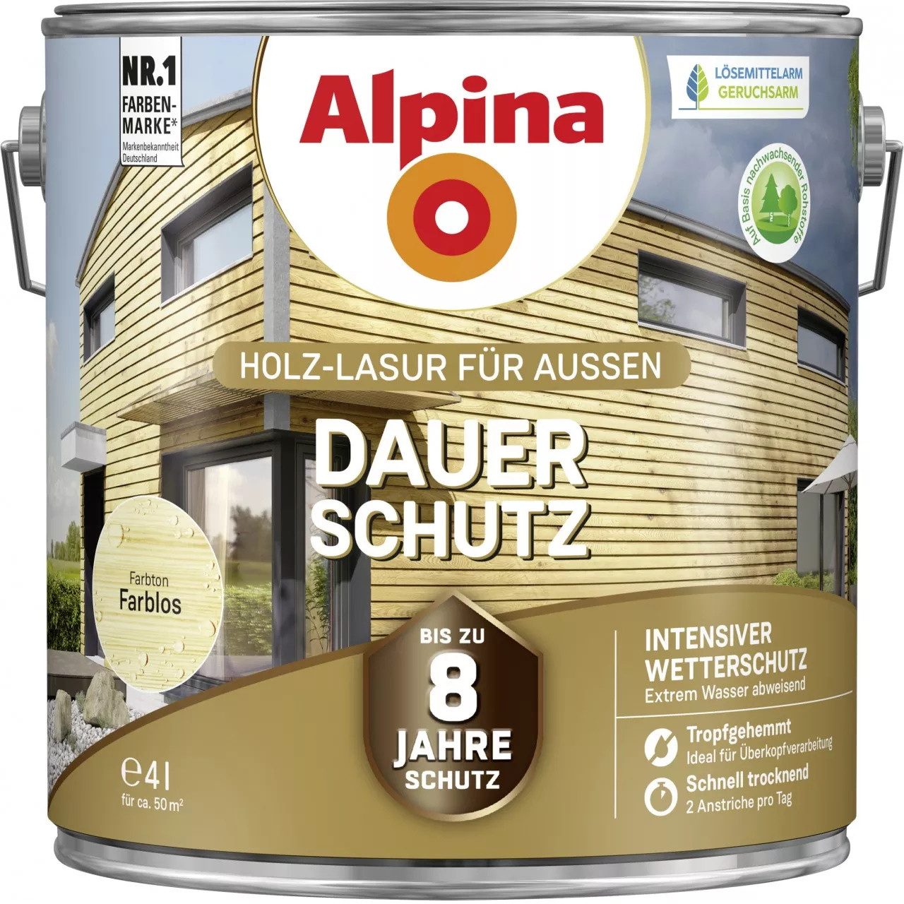 *Alpina* Lasur Alpina Dauerschutz 4 L. Farblos, bis zu 8 Jahre Schutz, intensiver Wetterschutz ...