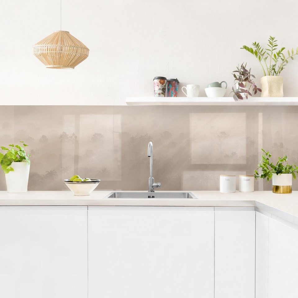 Bilderdepot24 Küchenrückwand Beige Dekor Bäume Wald Botanik Tropisch