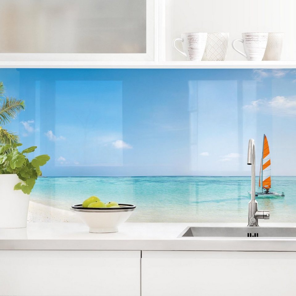 Bilderdepot24 Küchenrückwand Türkis Dekor Natur Strand Meer Katamaran