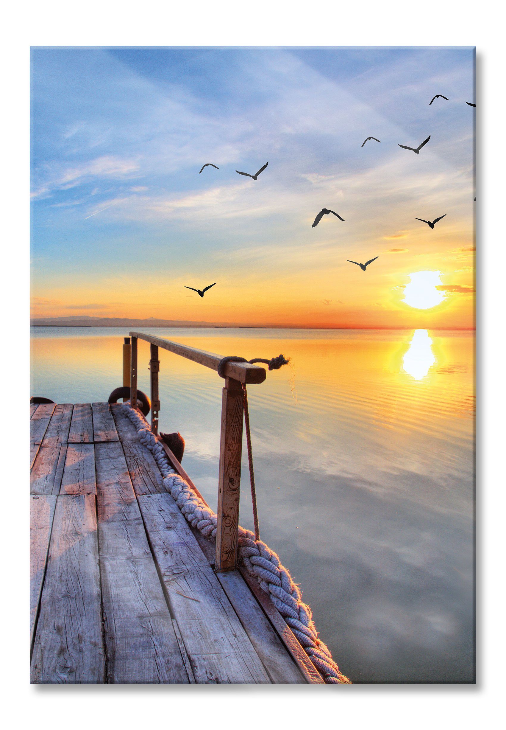 Pixxprint Glasbild Steg mit Möwen bei Sonnenuntergang, Steg mit Möwen bei Sonnenuntergang (1 St ...