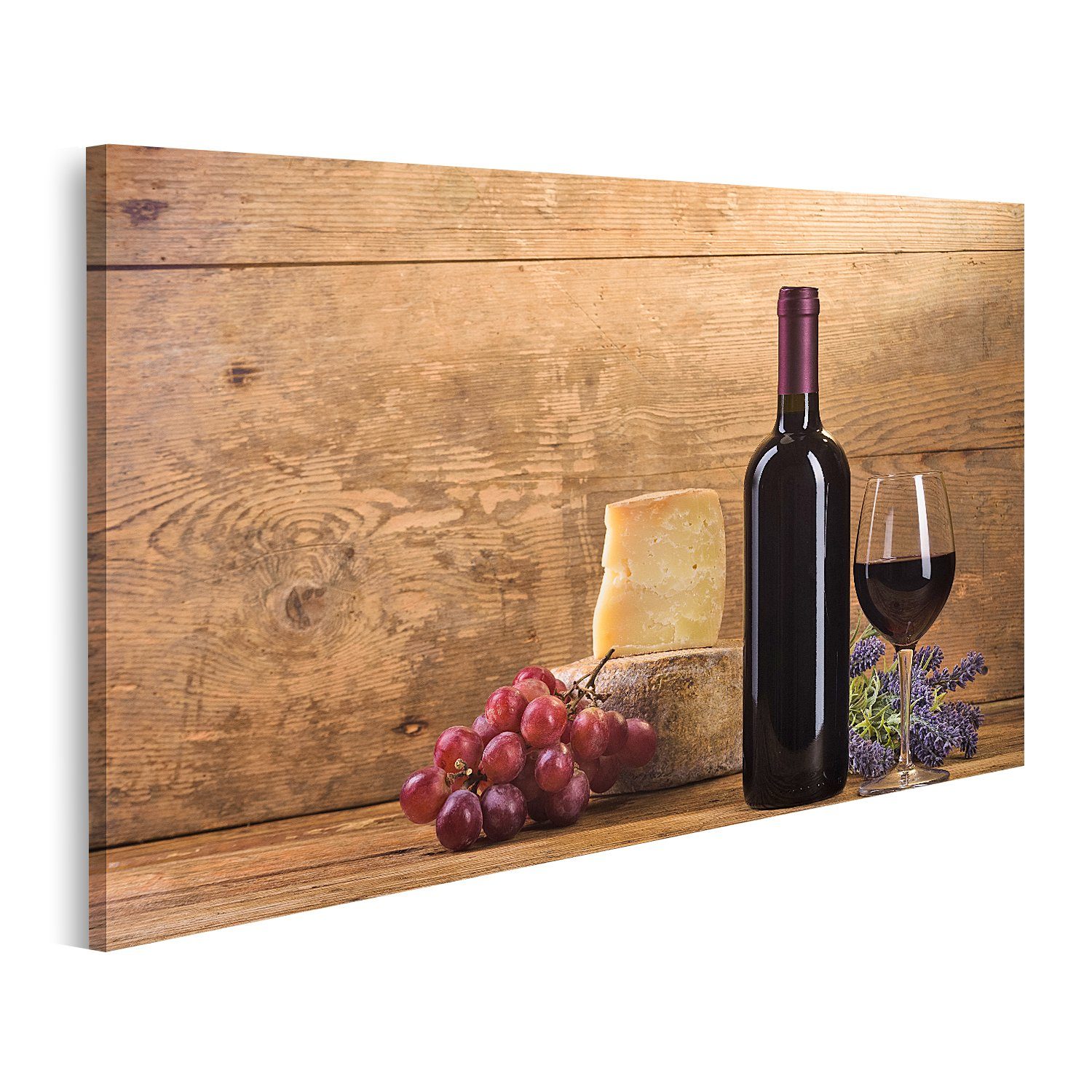 islandburner Leinwandbild Bild auf Leinwand Rotwein Im Vintage Licht Mit Käse Und Früchten Wand