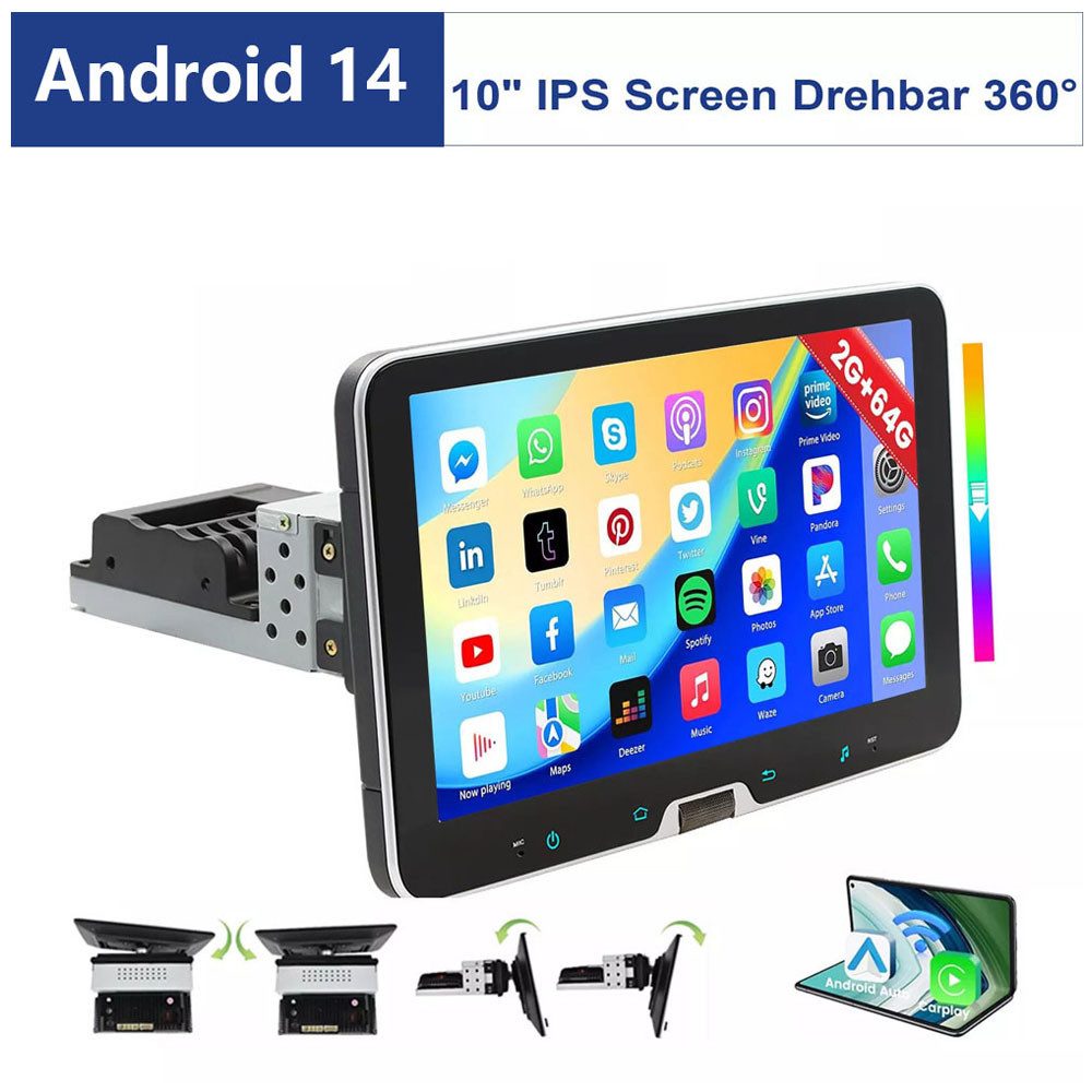 ESSGOO Android 14 Carplay Autoradio 1 DIN GPS 360° Drehbar Bildschirm 4+64G Autoradio (DAB ...
