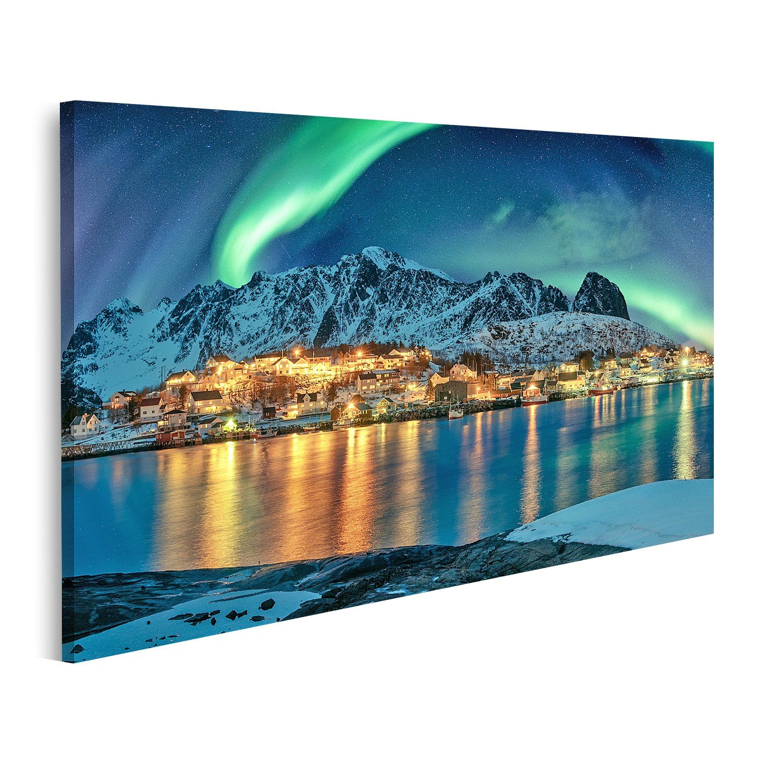 islandburner Leinwandbild Bild auf Leinwand Aurora Borealis über Fischerdorf Beleuchtung Küstenl