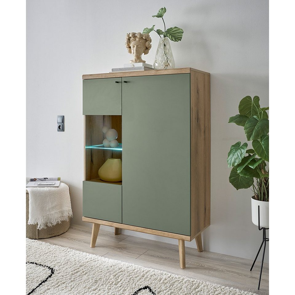 Lomadox Vitrine Avezzano 61 Evoke Eiche Nb Mit Grün 2 Türen