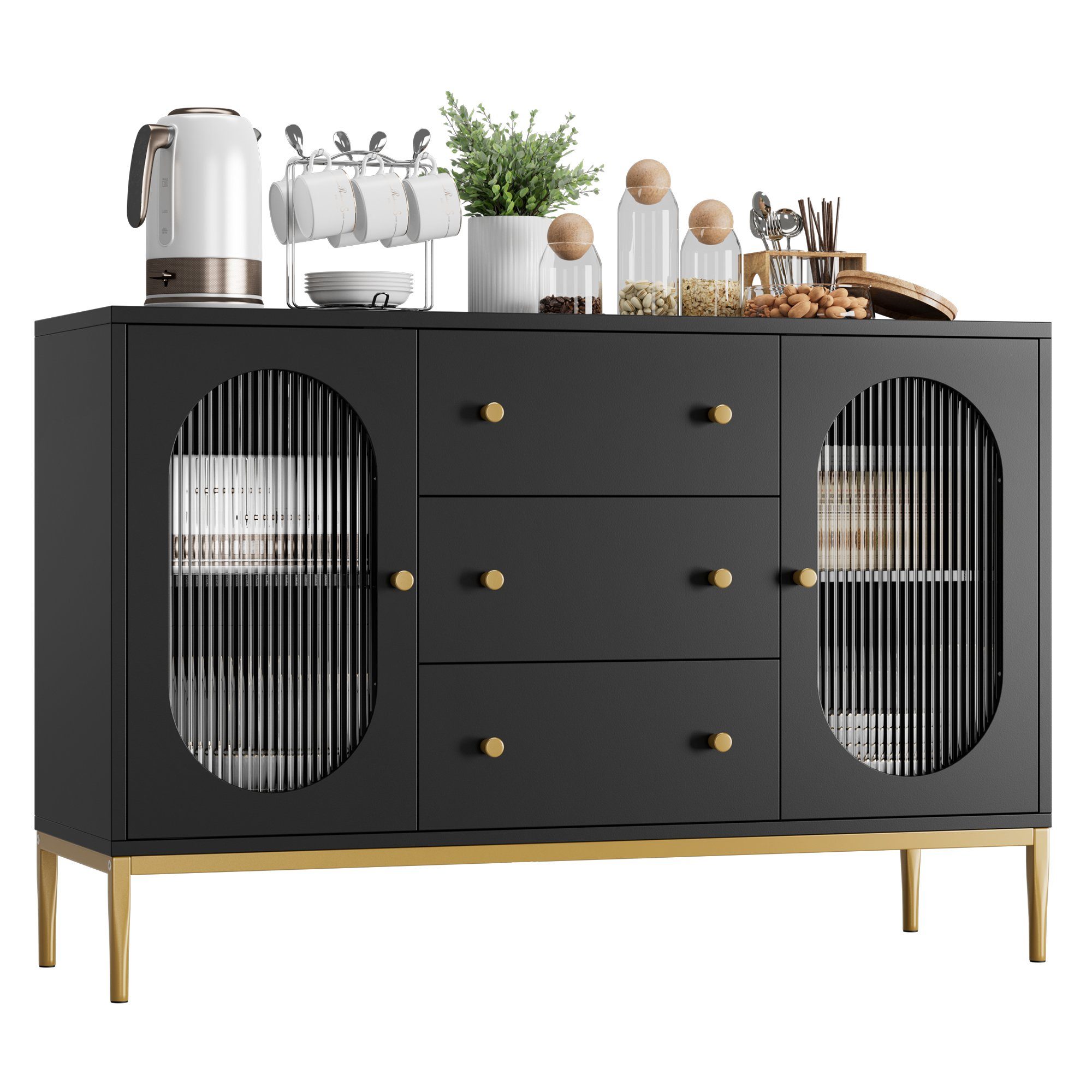 Homfa Sideboard, Küchenschrank mit 3 Schubladen 2 Türen Küchenkommode ...