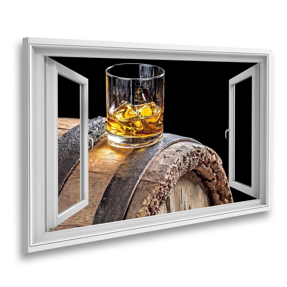 Islandburner Leinwandbild Fensterblick Glas Whisky Mit Eis Auf Altem