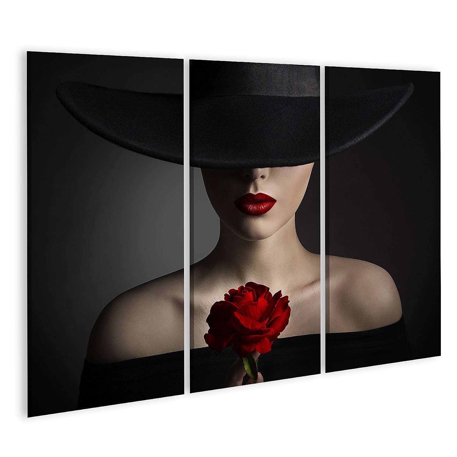 islandburner Leinwandbild Bild auf Leinwand Rote Rose Blume Frau Lippen Schwarzer Hut Mode Model ...