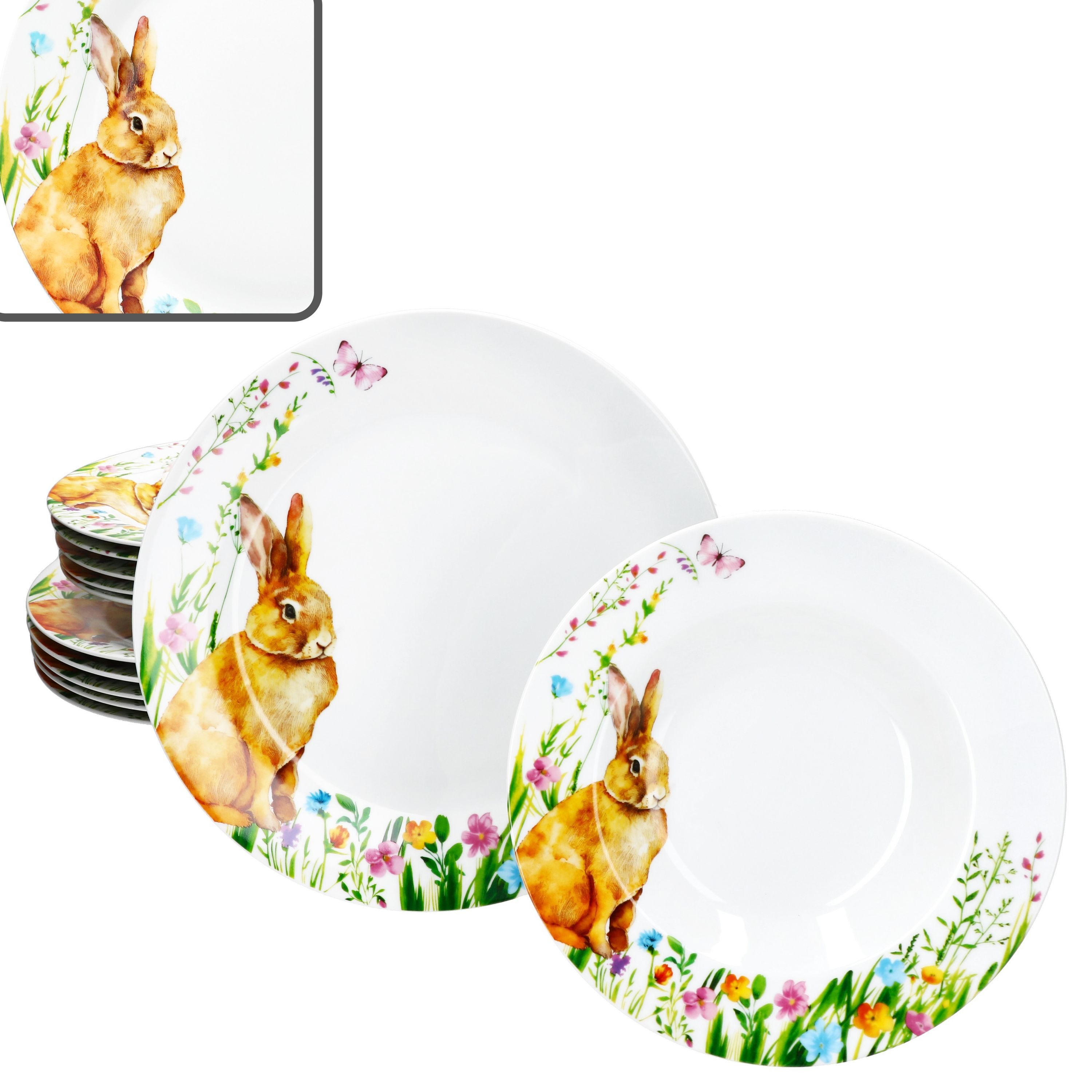 MamboCat Tafelservice 12tlg Tafelservice Osterfreude Porzellan 6 Personen Hase, Porzellan