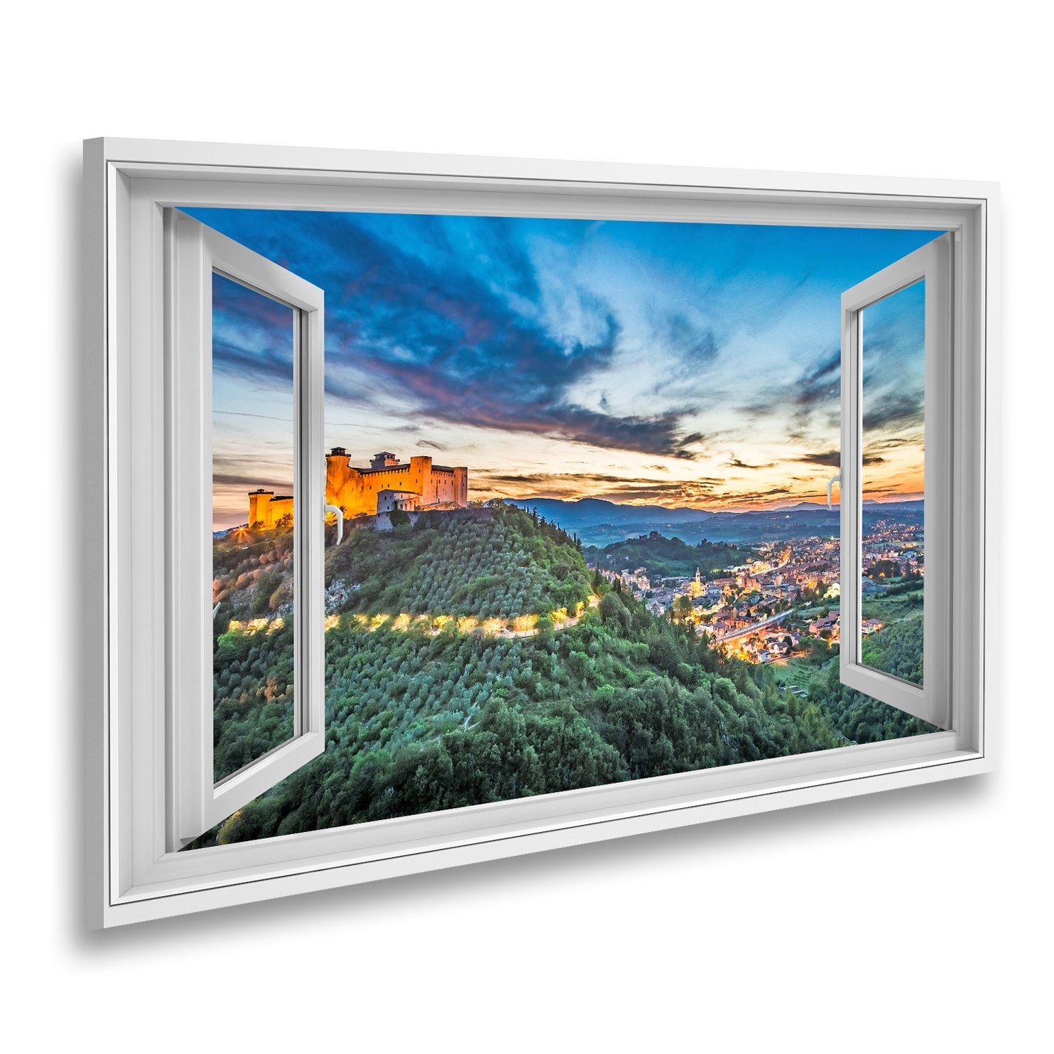 islandburner Leinwandbild Fensterblick Atemberaubender Sonnenuntergang über dem Schloss in Spole