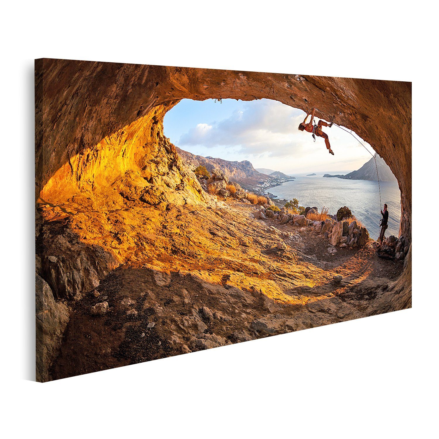 ᐅ islandburner Leinwandbild Bild auf Leinwand Junge Frau Klettert In Höhle Schöne Aussicht ...