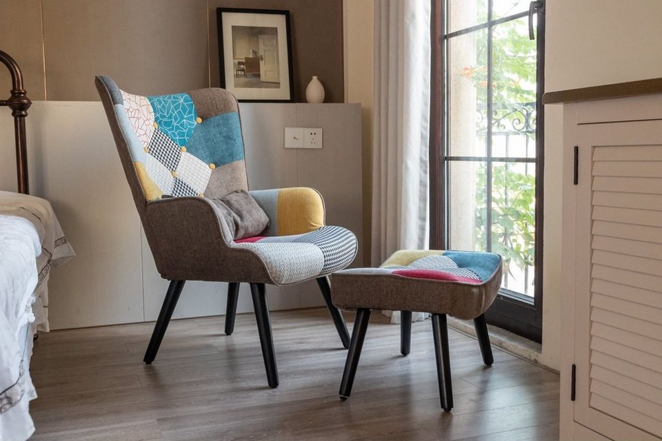 HomeMiYN Ohrensessel Relaxsessel mit Hocker Patchwork Sessel ... HomeMiYN Ohrensessel Relaxsessel mit Hocker Patchwork Sessel ...