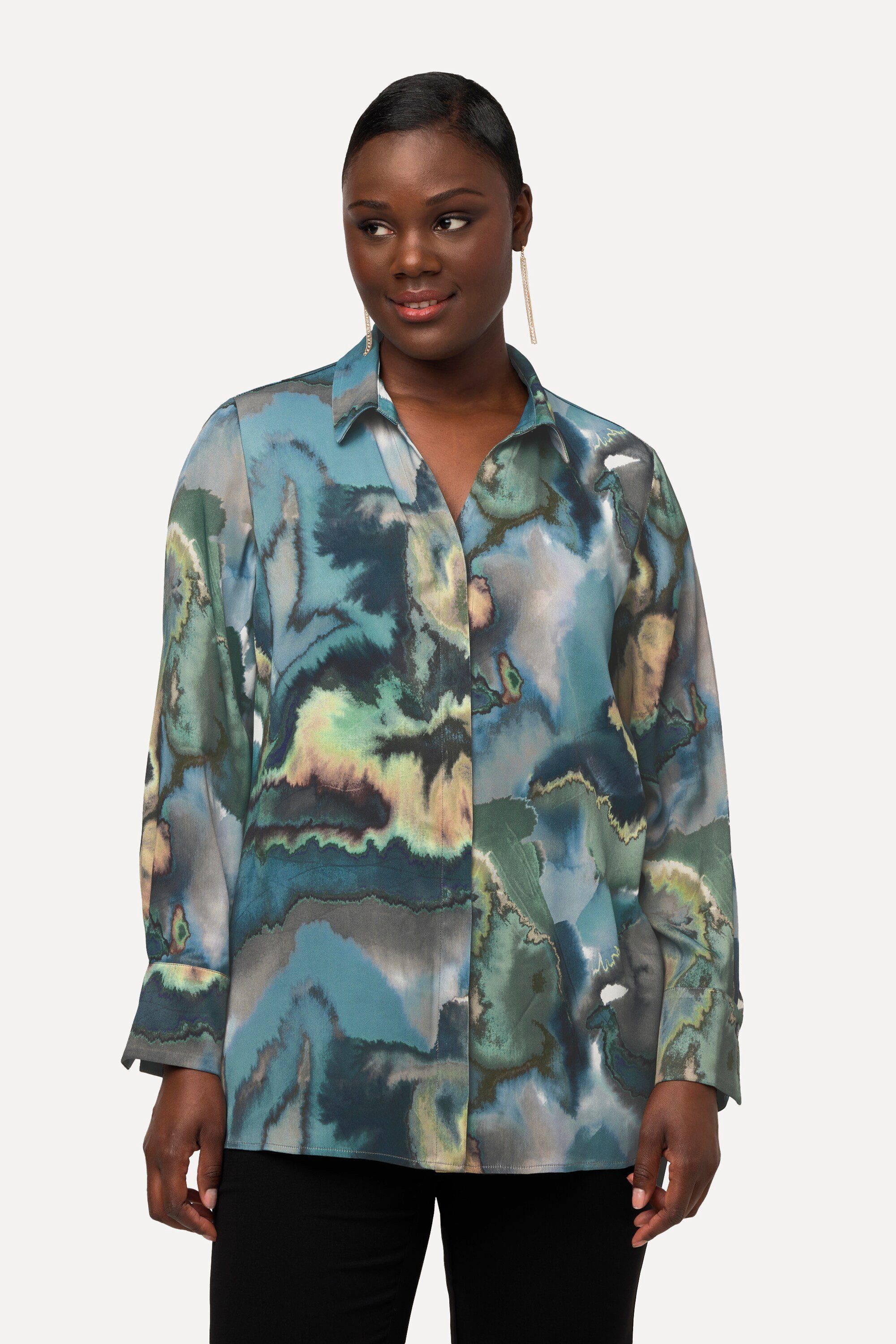 Ulla Popken Satinbluse Bluse Marmor Design V Ausschnitt Langarm