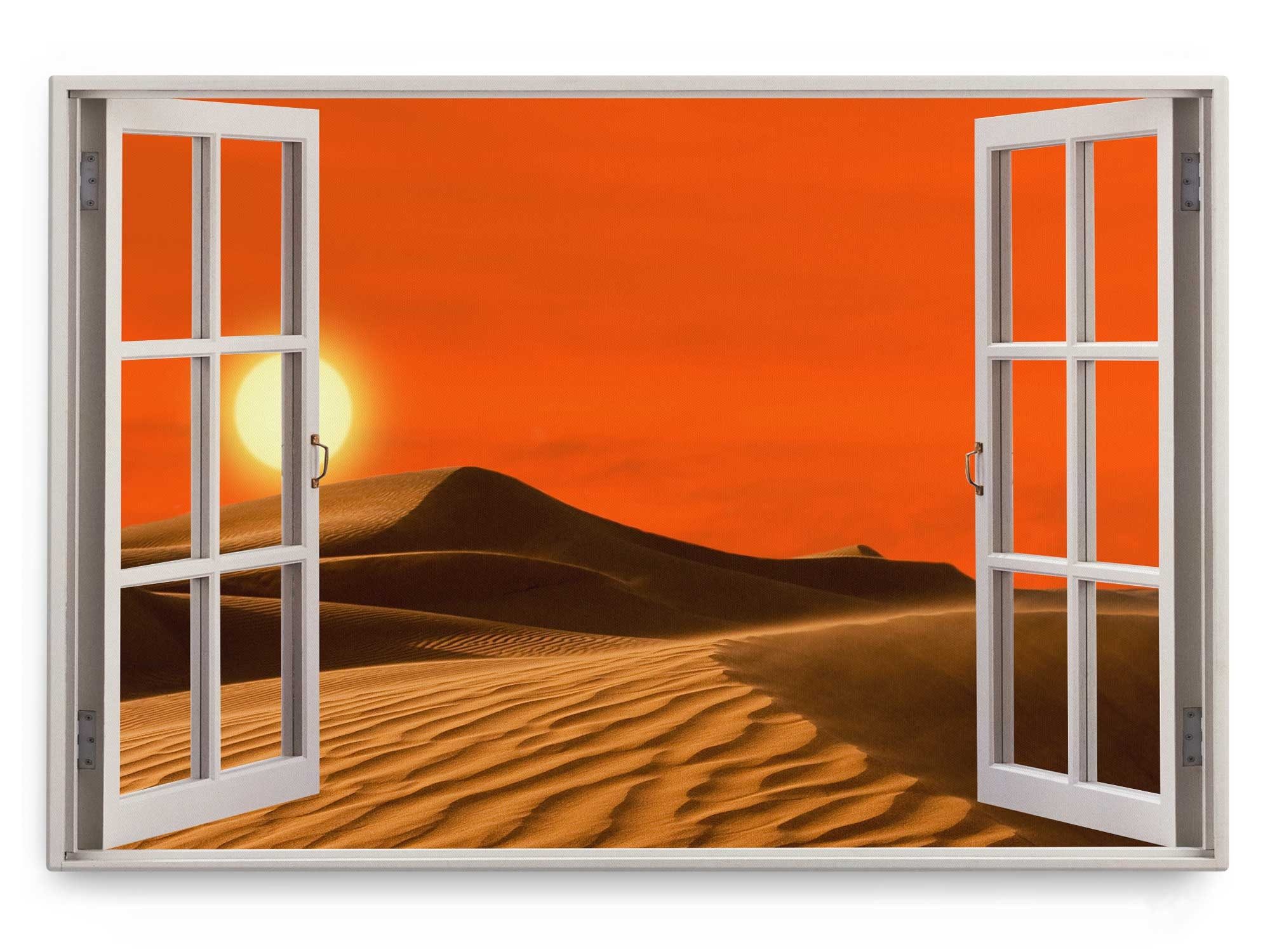 Sinus Art Leinwandbild Wandbild 120x80cm Fensterbild Wüste Sanddünen Sonne Rot Wüstensand, (1 St)