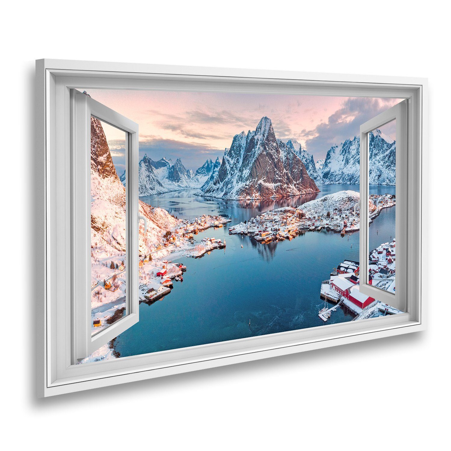 islandburner Leinwandbild Fensterblick Luftaufnahme eines Fischerdorfes in den umliegenden Berge