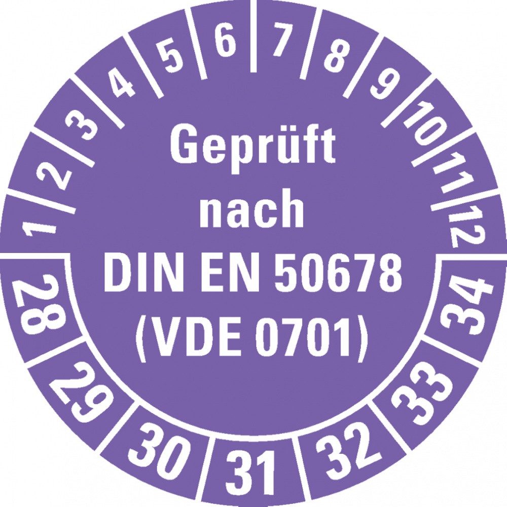 Dreifke Hinweisschild Prüfplakette Gepr.n.DIN EN 50678(VDE 0701) 28-34, violett, Folie, Ø30m