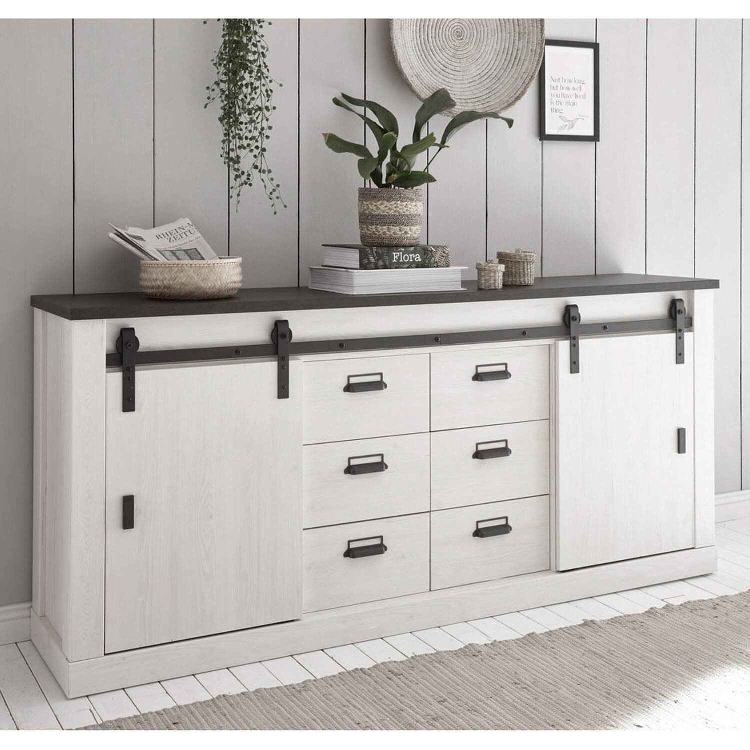 Lomadox Sideboard Shelton 61 Kommode In Pinie Weiß Nb Mit Anthrazit