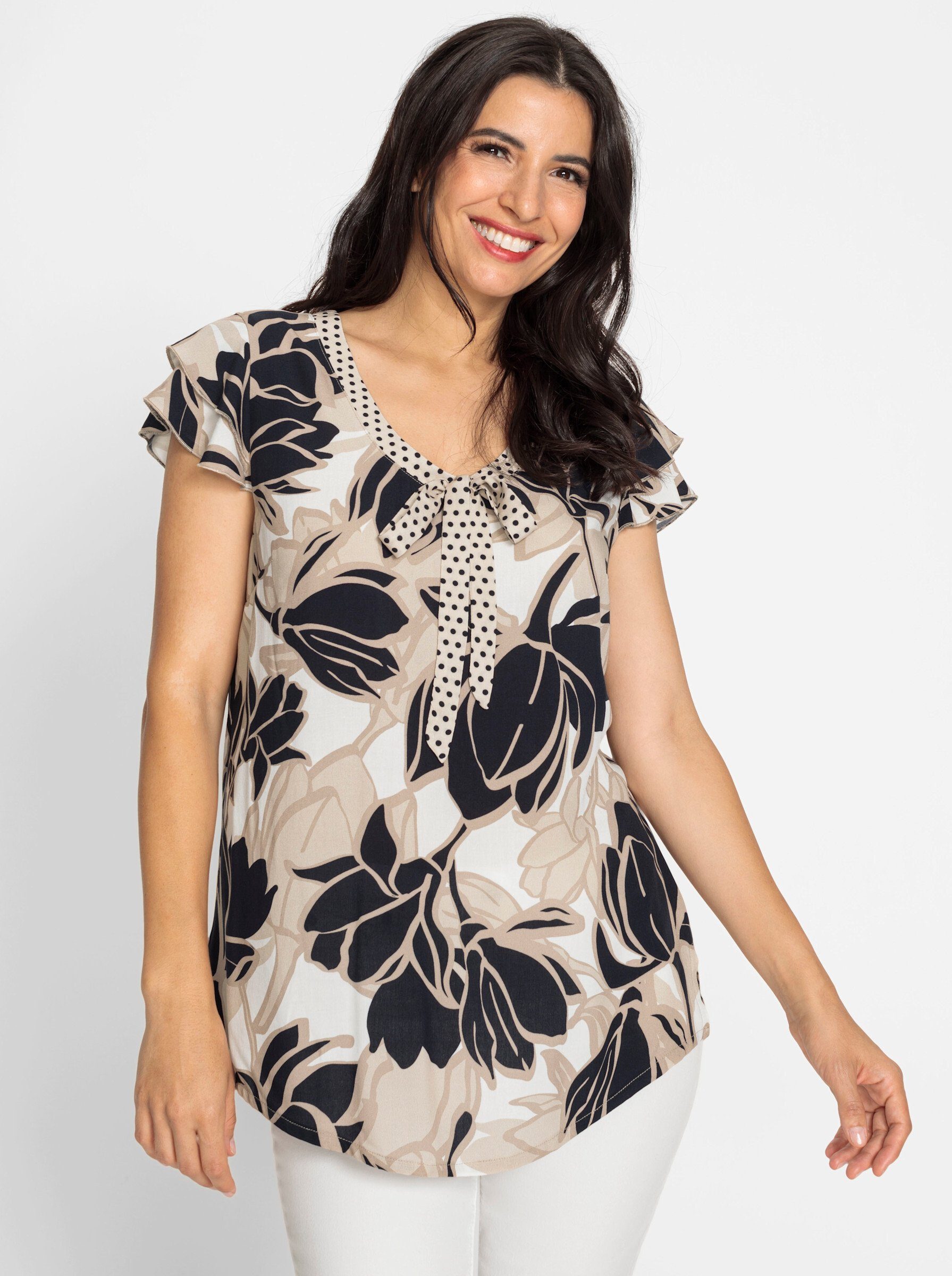 Heine Klassische Bluse Druckbluse Tiefer Rundhals Ausschnitt