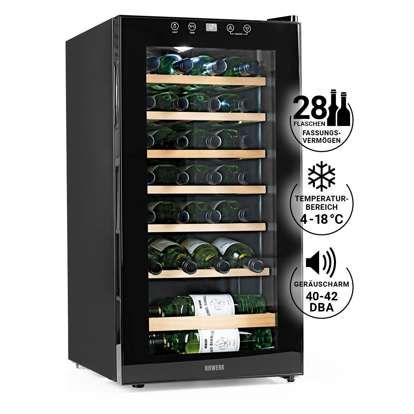 N8WERK Weinkühlschrank 28 Flaschen Kompressor, für 28 Standardflaschen á 0,75l,JC-88E/HC ...