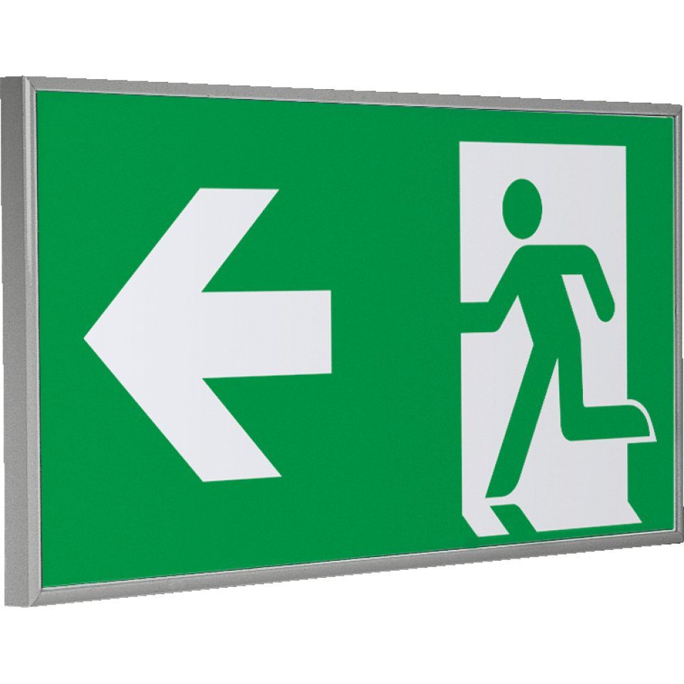 König Werbeanlagen Hinweisschild Rettungsweg links,Rahmen,silber,ASR/ISO,Kunststoff,300x150mm