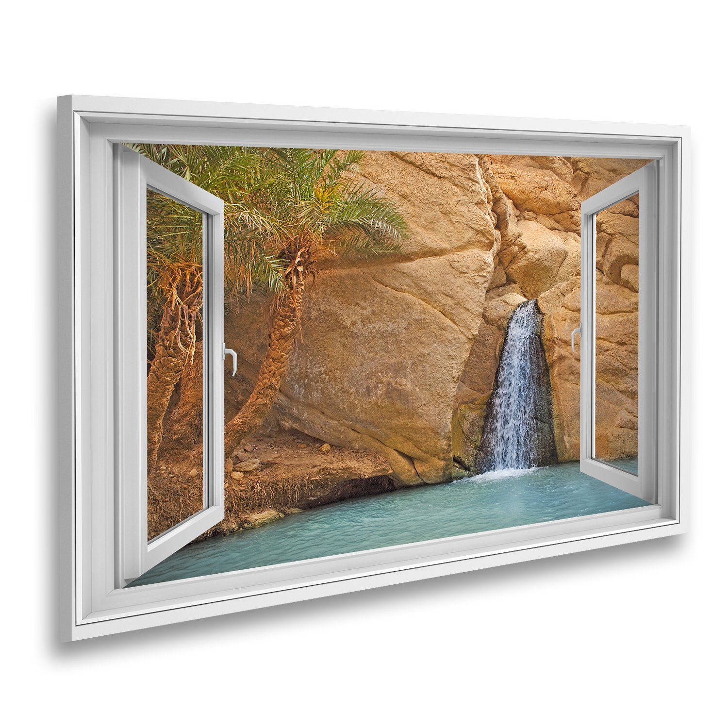 islandburner Leinwandbild Fensterblick Blick auf die Bergoase Chebika mit Wasserfall Sahara Wüst