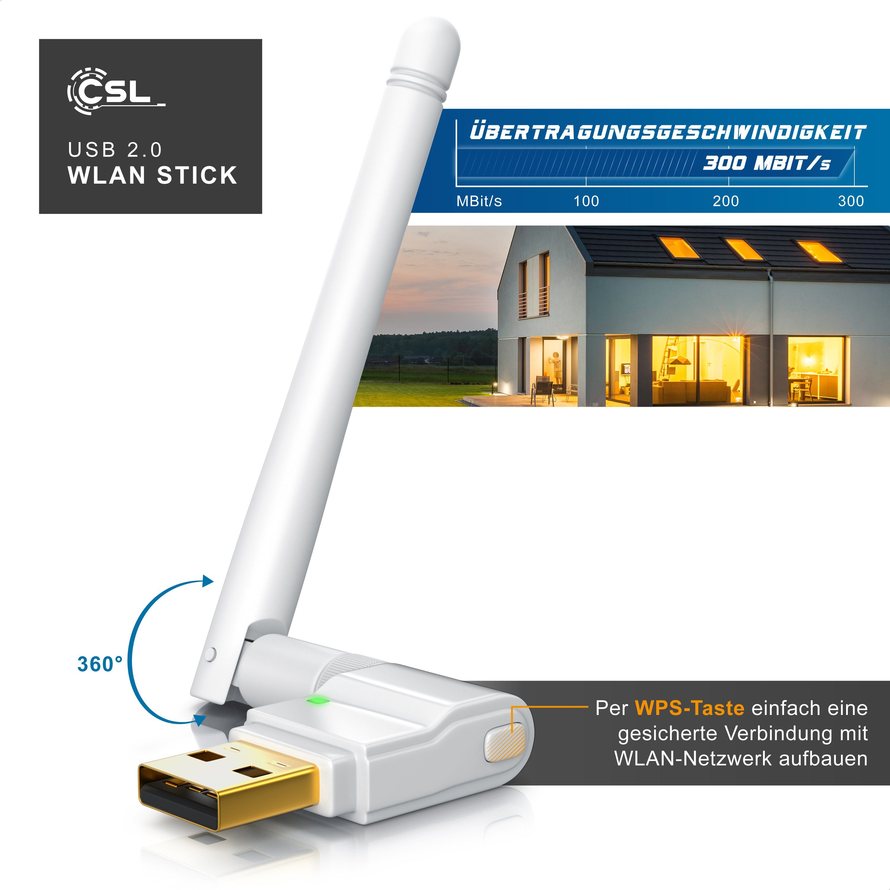CSL WLAN-Dongle, WLAN Stick, 300 Mbit/s, mit abnehmbarer Antenne, USB 2 ...